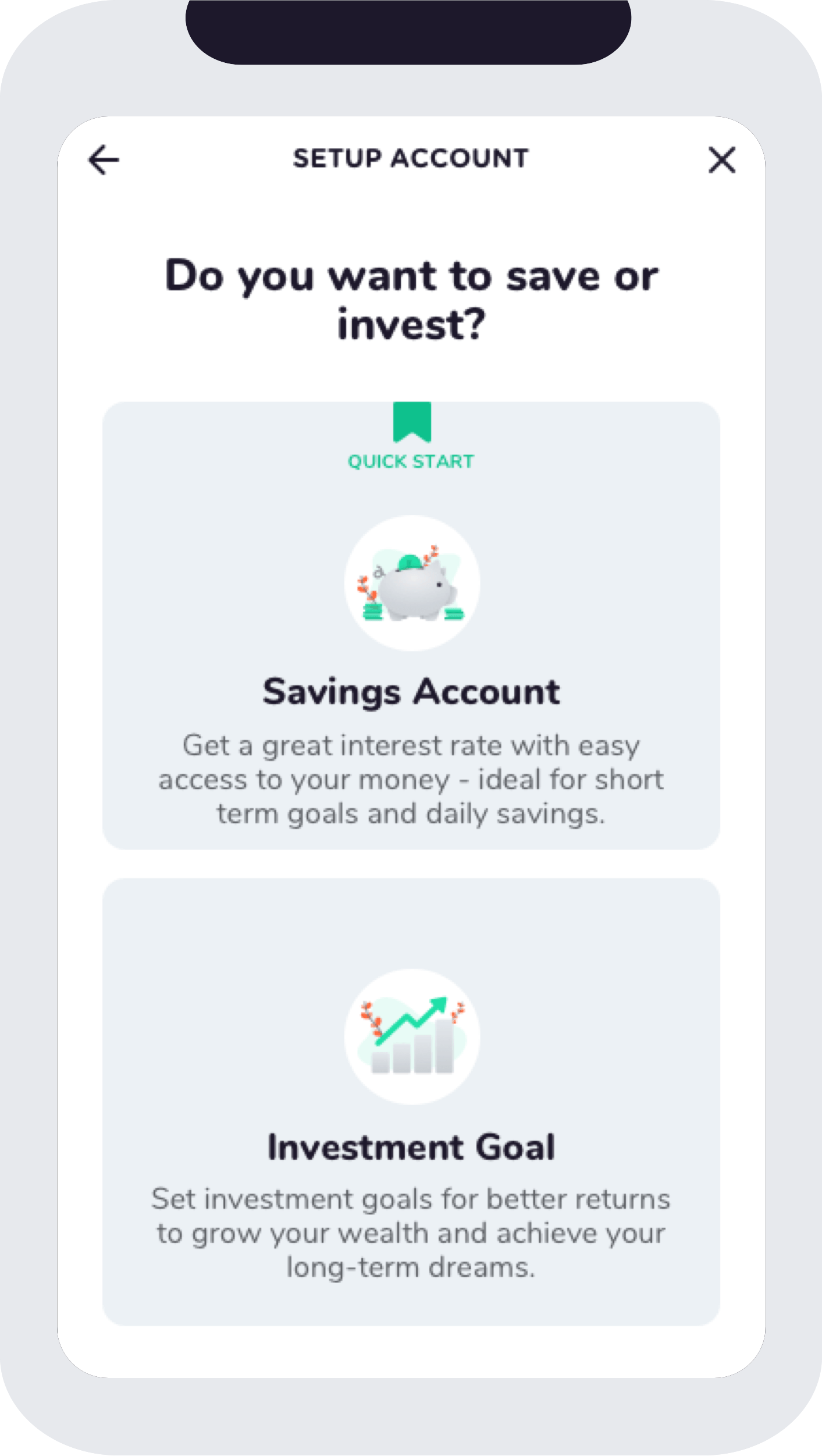 Screenshot of goal category selection in Franc app